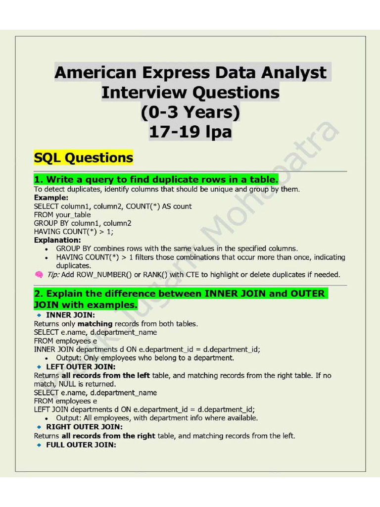 American Express Data Analyst Interview Questions ?? | PDF