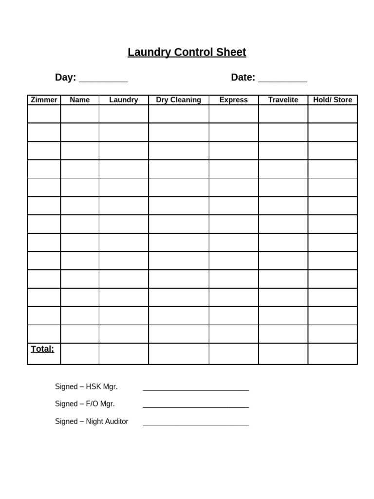 Laundry Control Sheet | PDF