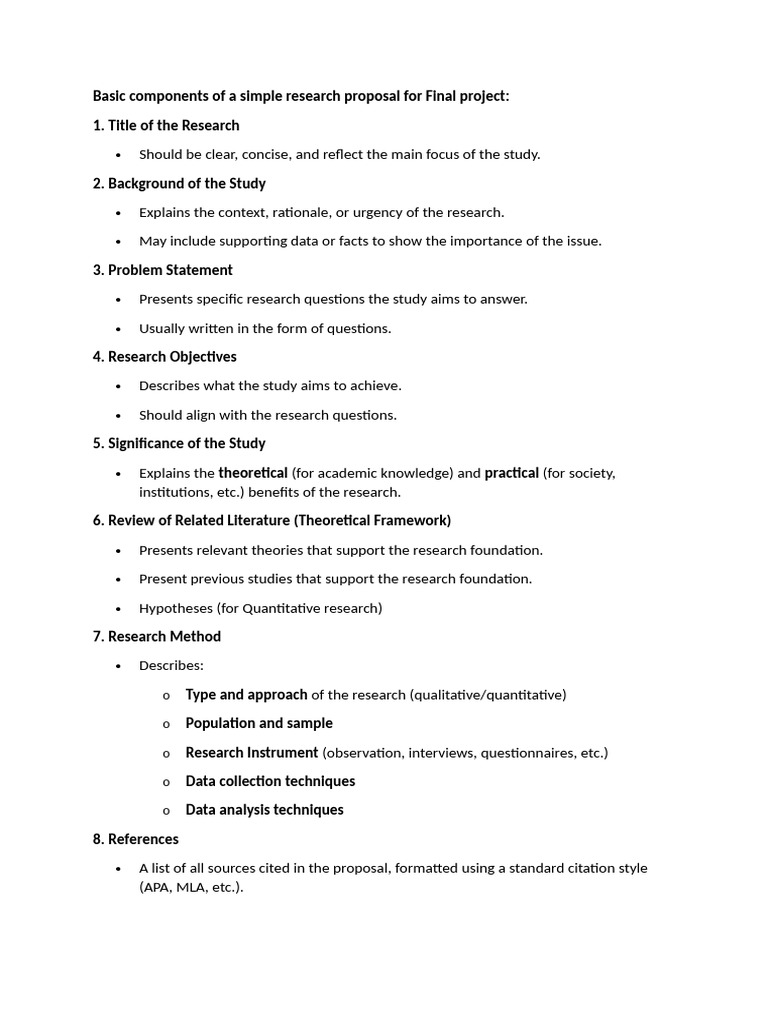 Basic Components of A Simple Research Proposal For Final Project | PDF