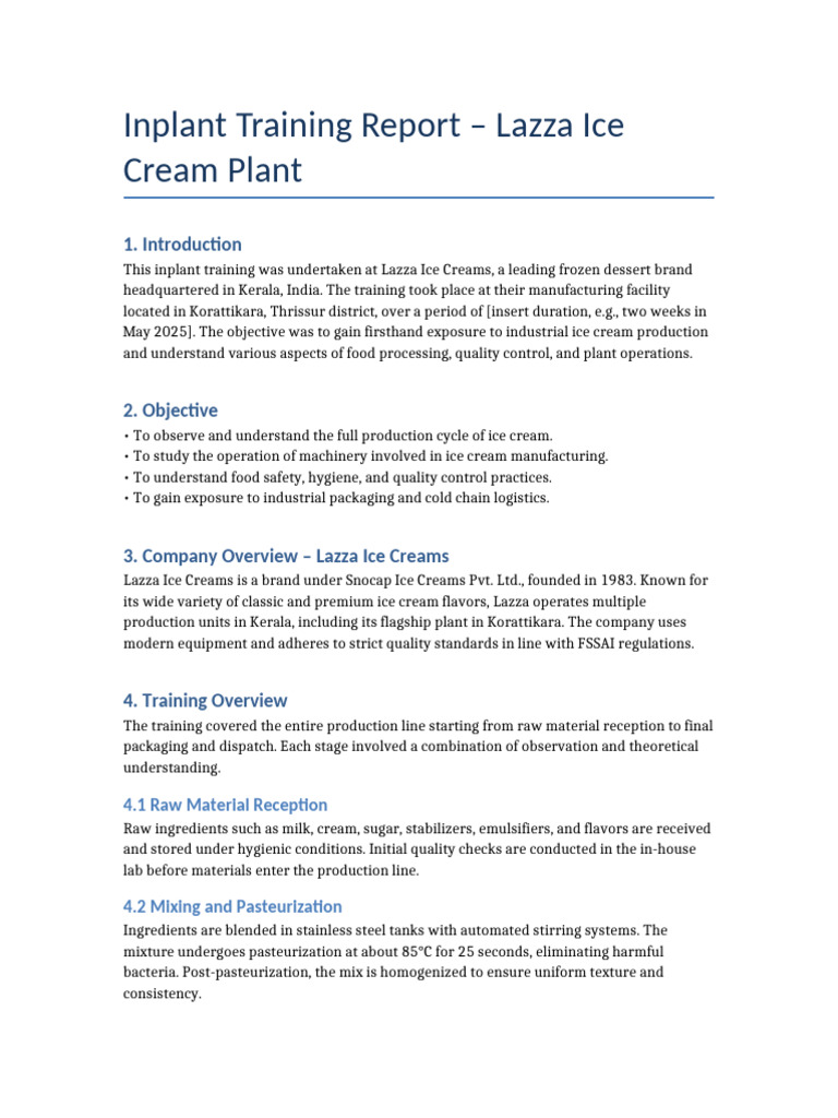 Inplant Training Report Lazza | PDF | Sewage Treatment | Ice Cream