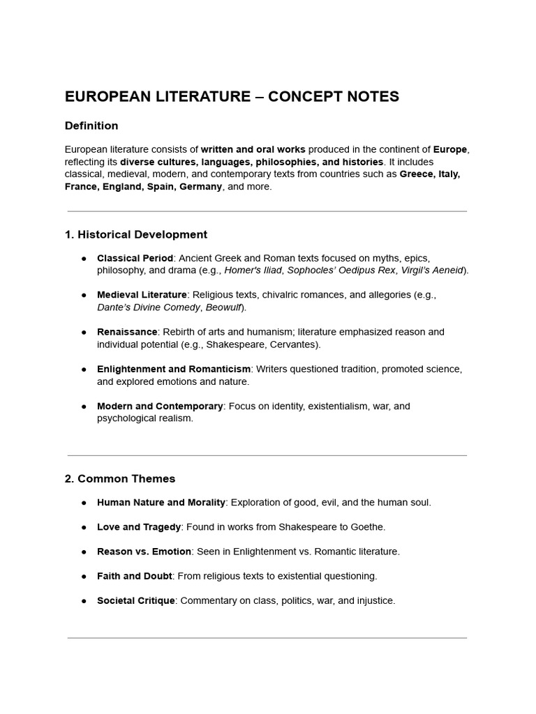 European Literature - Concept Notes | PDF | Romanticism | Classics