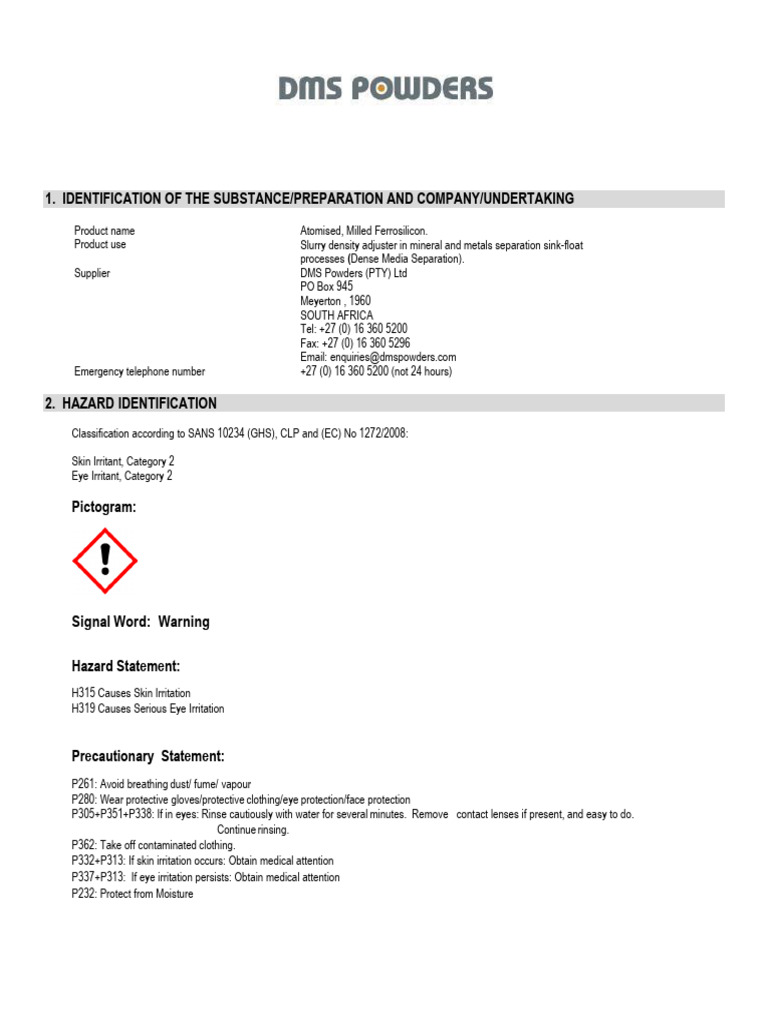 DMS Powders Safety Data Sheet | PDF | Occupational Hygiene | Safety