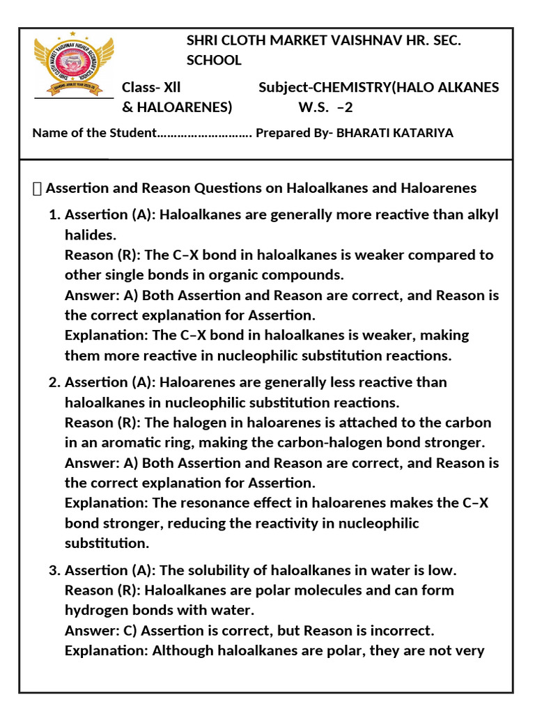 ASSERTION & REASON CLASS XLL | PDF | Chemical Reactions | Organic Chemistry