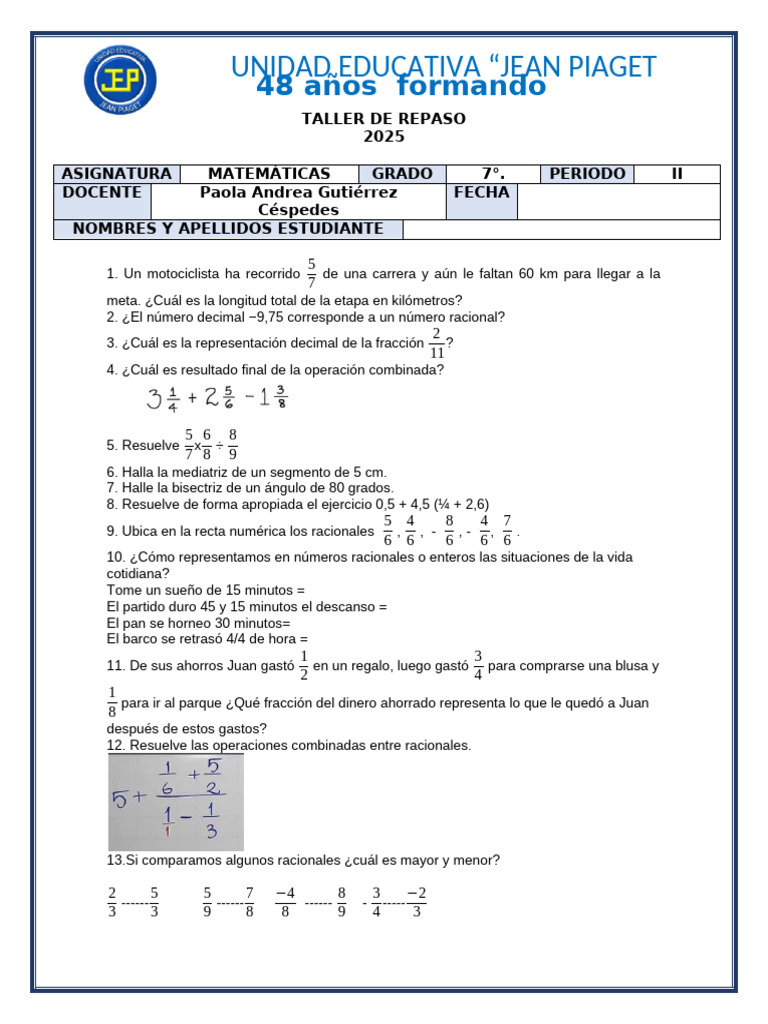 Taller de Repaso Mate Iib Séptimo | PDF | Matemática Elemental | Notación Matemática