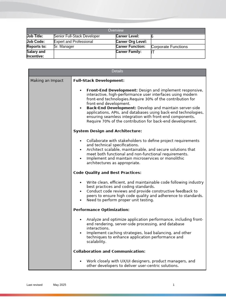 JD 92 GBA Full Stack Developer Back End Primary | PDF | Software Development | Computer Programming
