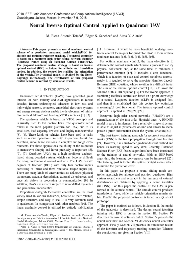 Neural Inverse Optimal Control Applied To Quadrotor UAV | PDF | Optimal Control | Control Theory