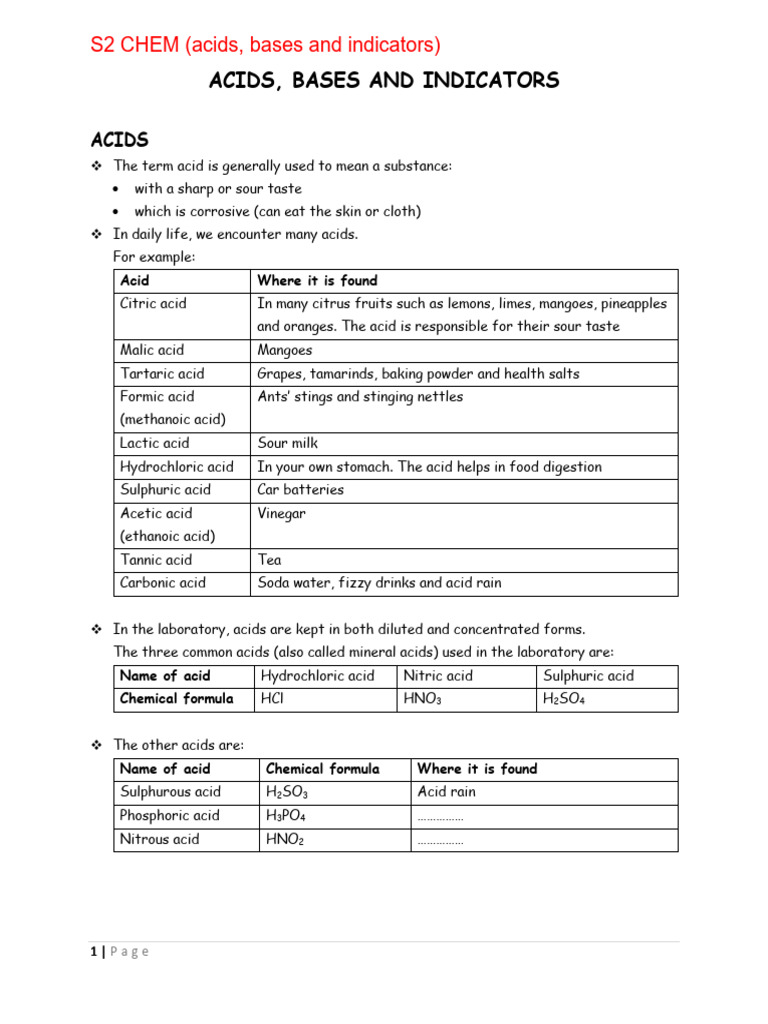 S2 CHEM (Acids, Bases and Indicators) | PDF | Hydroxide | Acid