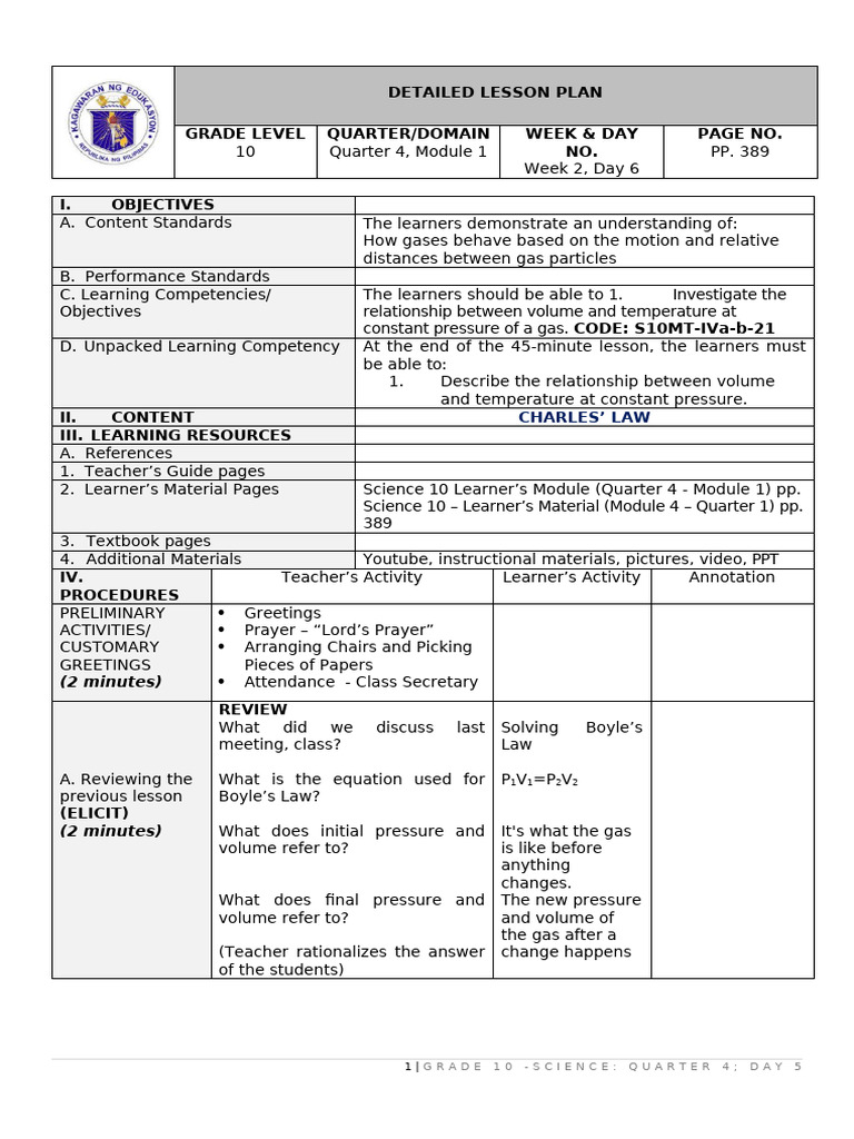 Grade 10 Science: Charles' Law Lesson Plan | PDF | Gases | Learning