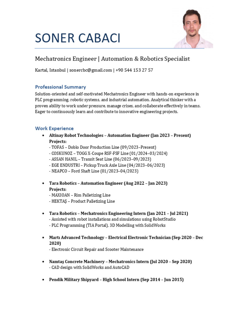 Soner Cabaci CV | PDF | Mechatronics | Engineering