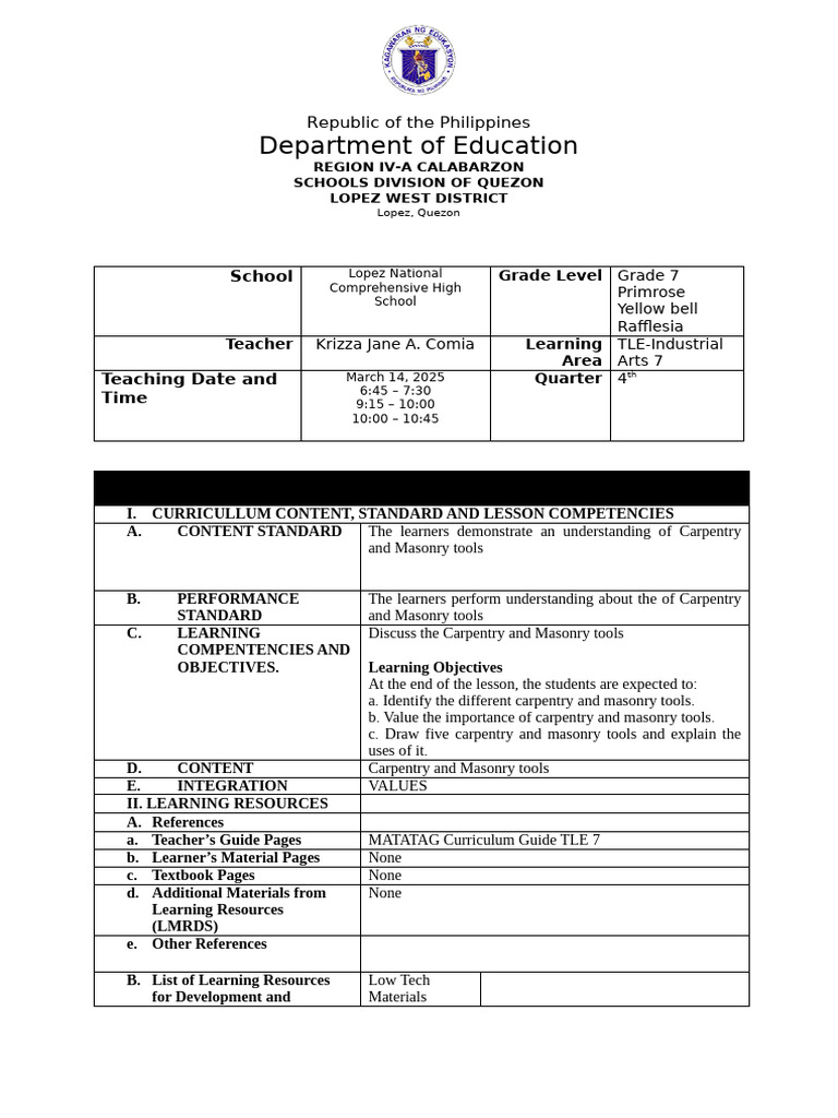 Lesson Plan Week 4 Quarter 4 Day 1 Done | PDF | Tools | Metalworking