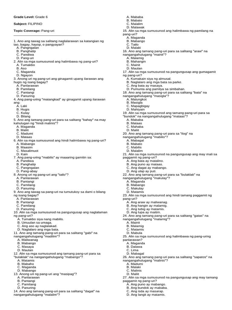 Summative Test FILIPINO (6) | PDF