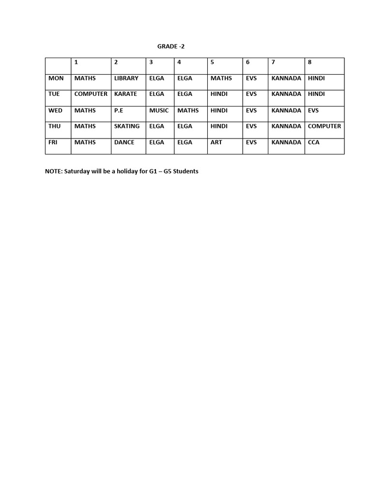Grade 2 Class Timetable | PDF