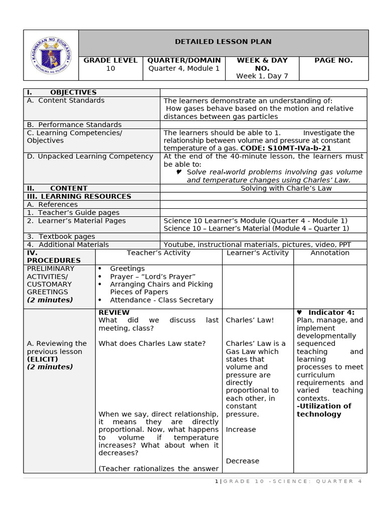 Charles' Law Lesson Plan for Grade 10 | PDF | Gases | Educational ...