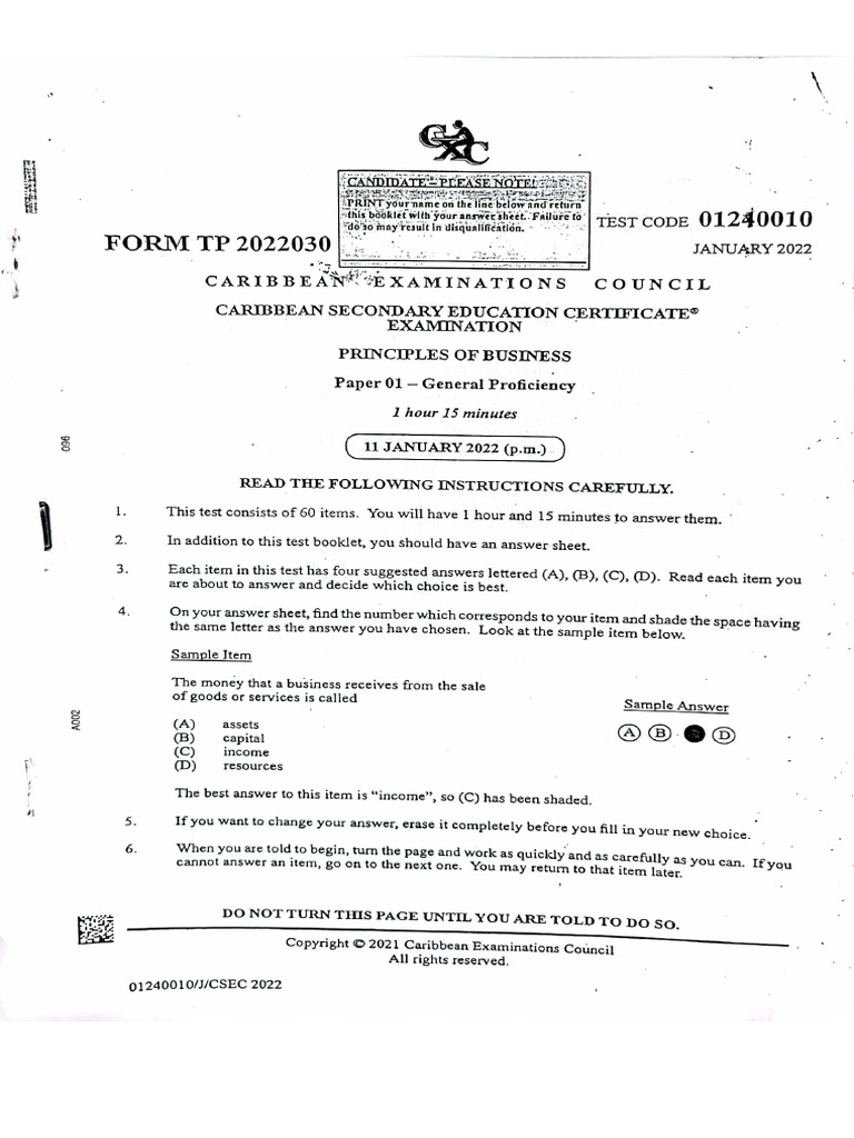 2022 Jan Csec Pob p1 Answers | PDF