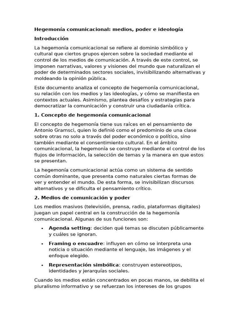 Hegemonía comunicacional y medios hoy | PDF | Hegemonía | Ideologías