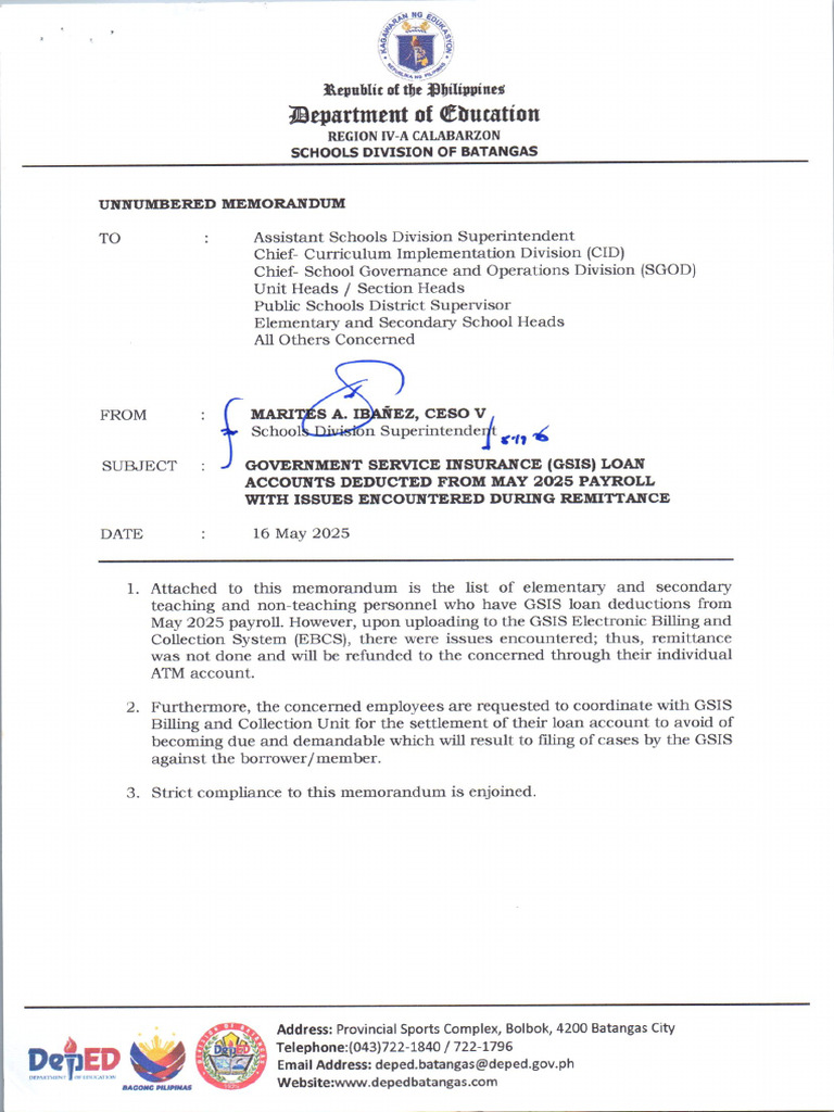 Unnumbered Memorandum Gsis Loan Accounts Deducted From May 2025 Payroll ...