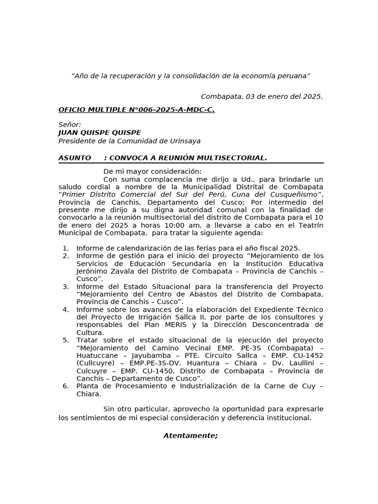 OFICIO MULTIPLE N° 006-2025 CONVOCA A REUNION MULTISECTORIAL. | PDF | Perú