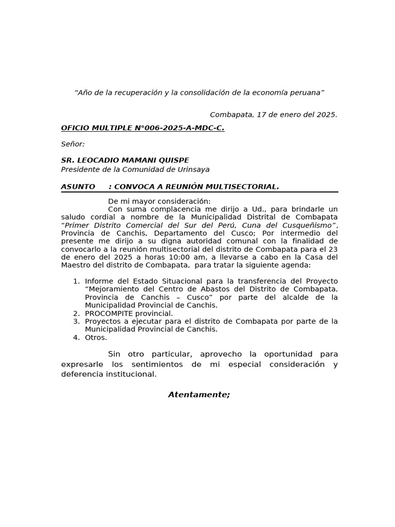 Oficio Multiple #006-2025 Convoca A Reunion Multisectorial Enero.-2 | PDF | Perú | Alcalde