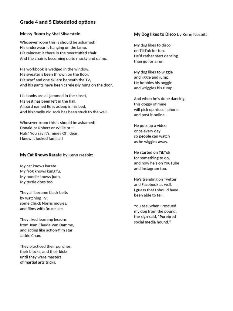 Grade 4 Eisteddfod Poetry Selections | PDF