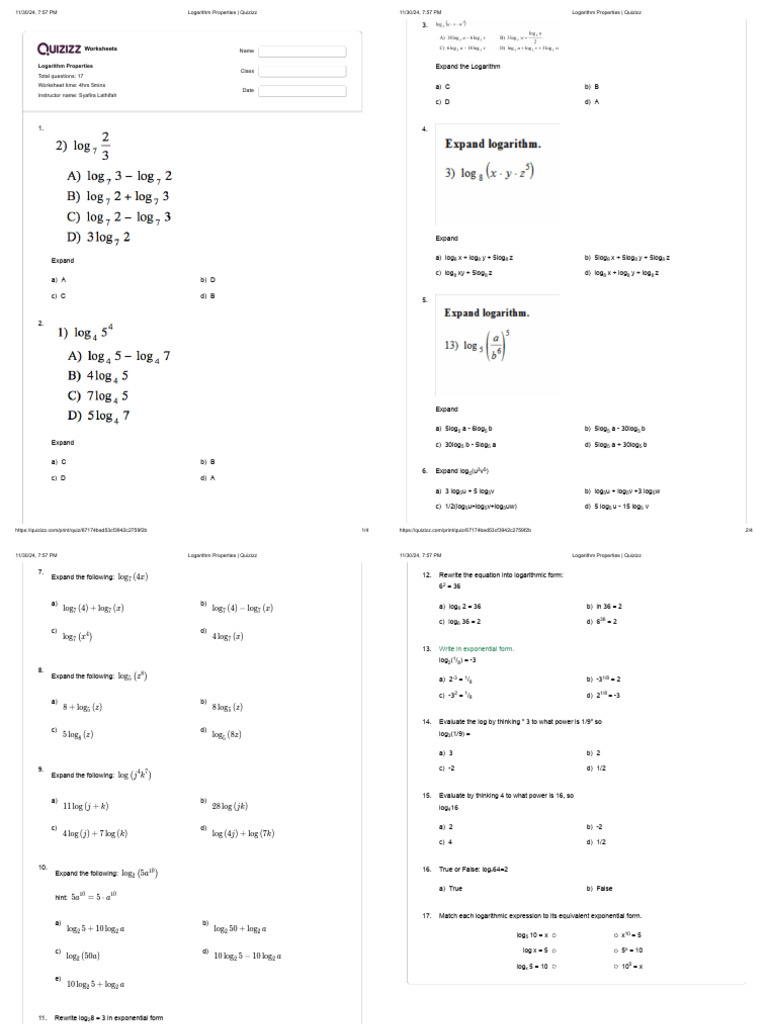 Logarithm Properties Worksheet | PDF | Elementary Mathematics ...