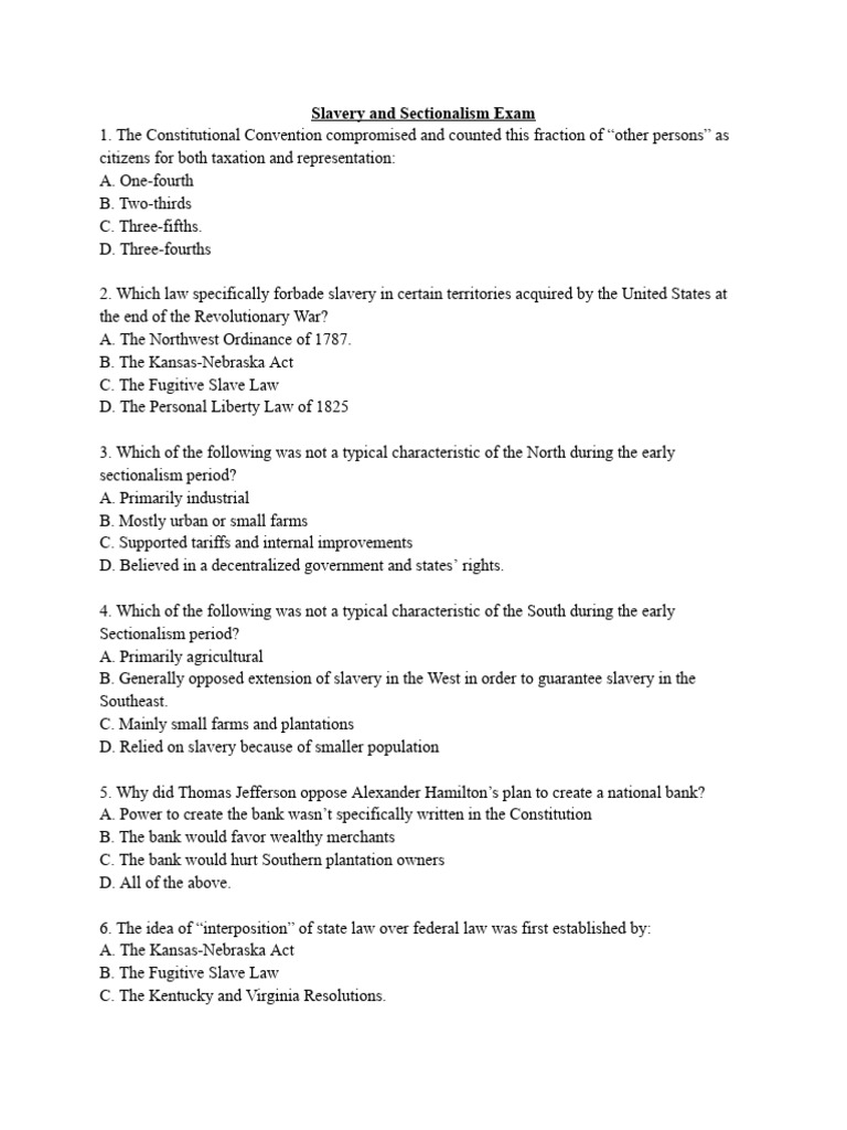 Slavery and Sectionalism Exam | PDF | Abolitionism In The United States ...