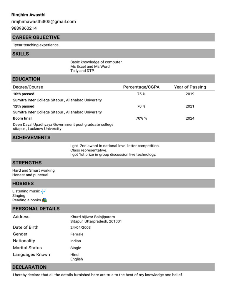 Resume Rimjhim Awasthi Format2 | PDF