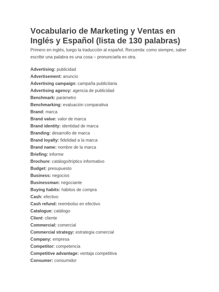 Vocabulario de Marketing y Ventas en Inglés | PDF | Marketing ...