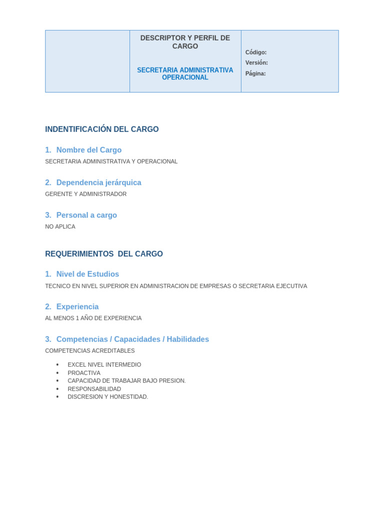 Formato Descriptor de Cargo Administrativa Operacional | PDF