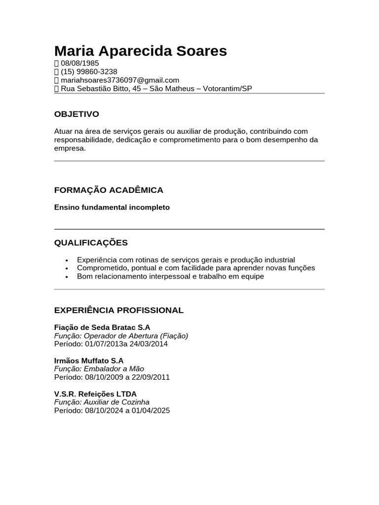 Currículo de Maria Aparecida Soares | PDF