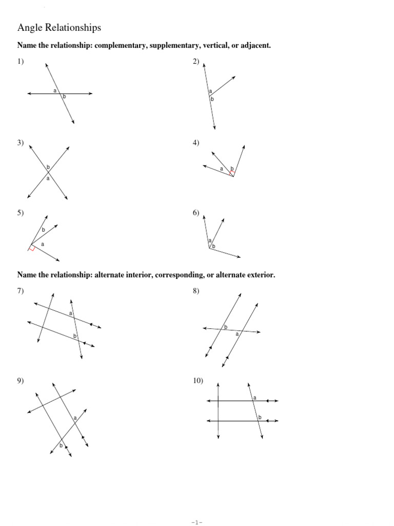 Angle Relationships Worksheet | PDF | Angle | Geometric Measurement