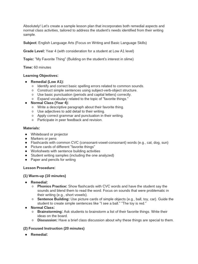 Create An Sample Remedial Class Lesson Plan With... | PDF | Phonics ...