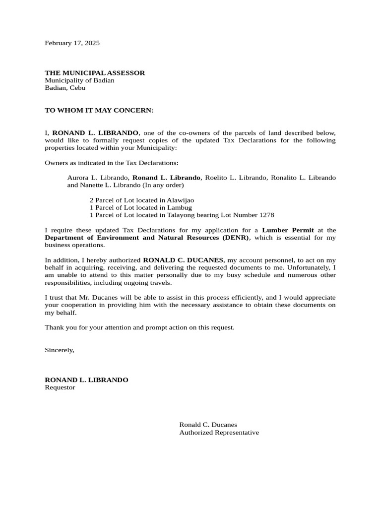 Authorization Letter Assessor | PDF