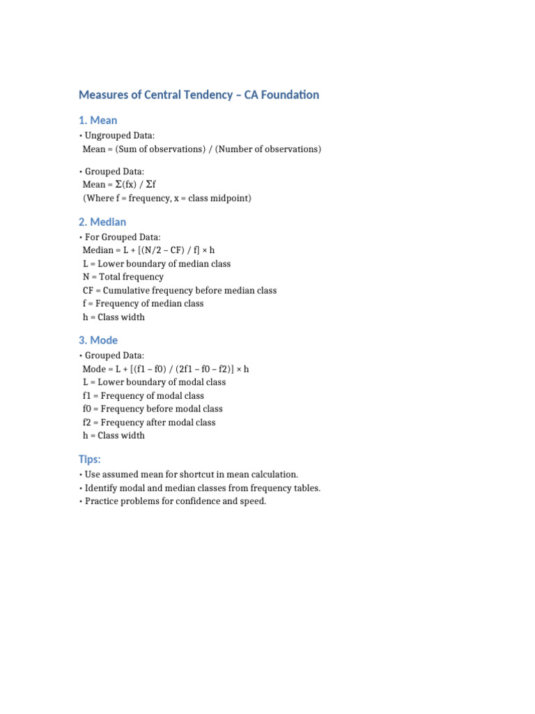 Central Tendency Formulas for CA Foundation | PDF