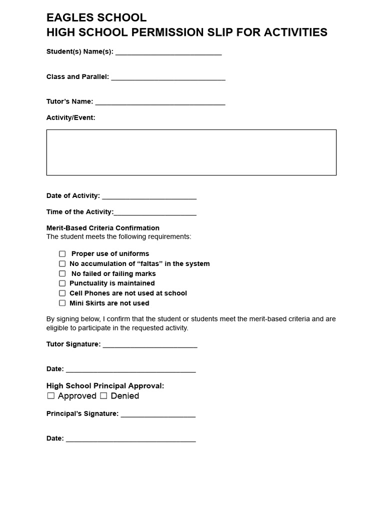 High School Permission Slip For Activities | PDF