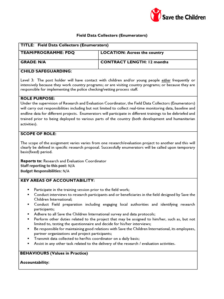 JD For Field Data Collectors Enumerators | PDF | Business