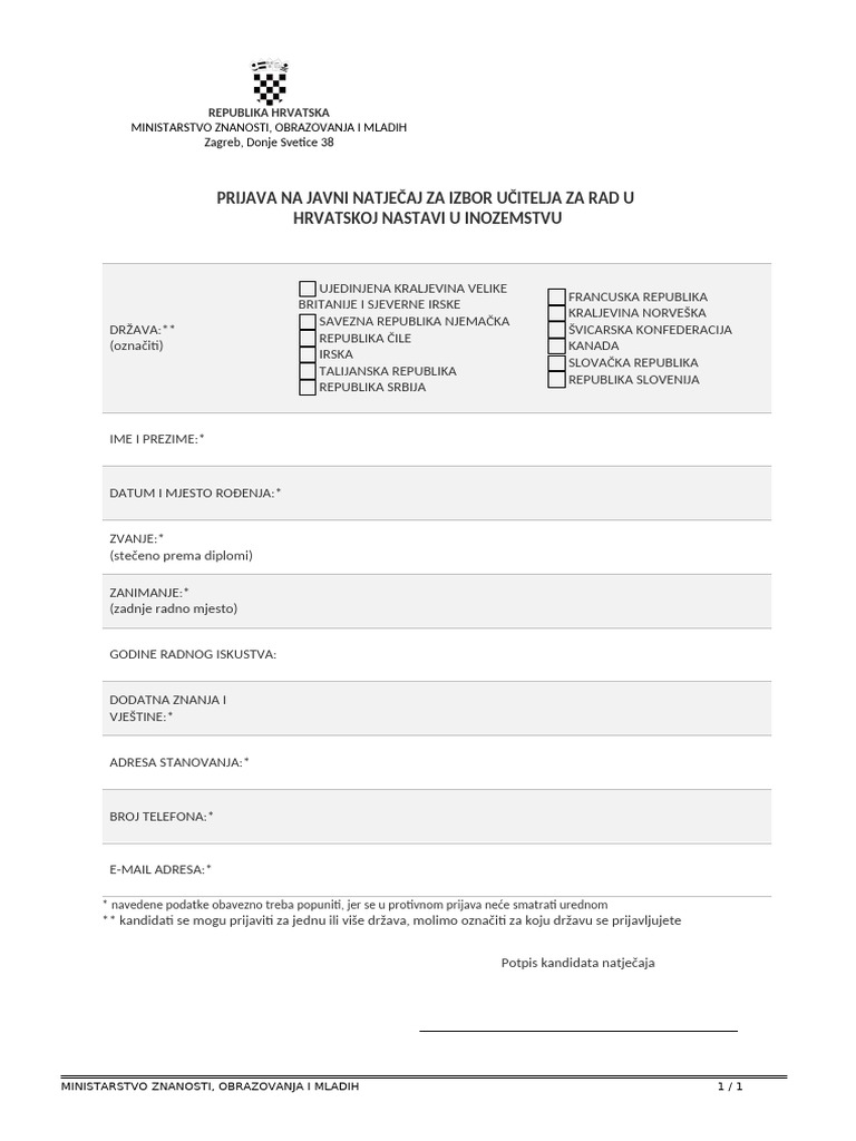 Obrazac Prijave Javni Natjecaj Za Izbor Ucitelja Za Rad U Hrvatskoj Nastavi U Inozemstvu 2025 | PDF