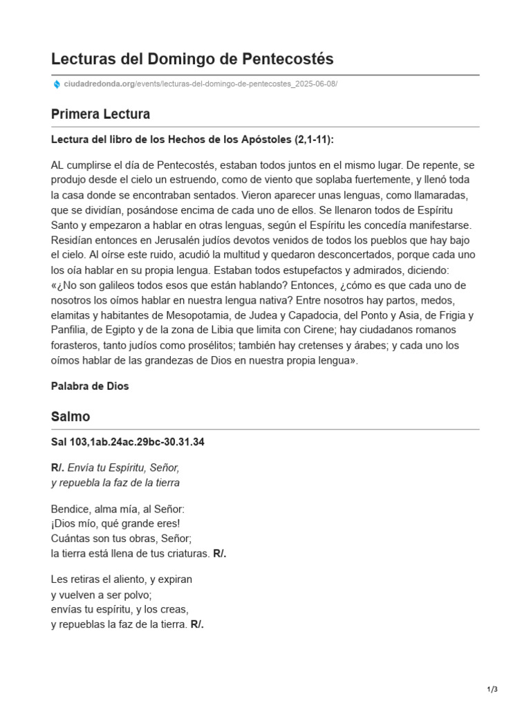 Lecturas Del Domingo de Pentecostés | PDF | Cristo (título) | Creencia religiosa y doctrina