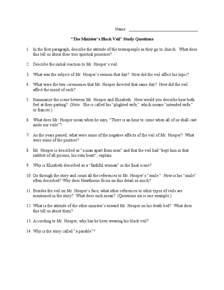 Study Questions for "The Minister's Black Veil" | PDF | Language Arts ...