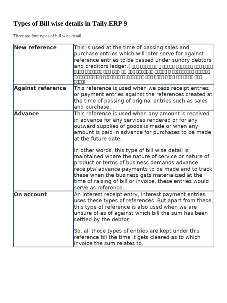 Types of Bill Wise Details in Tally | PDF | Receipt | Voucher
