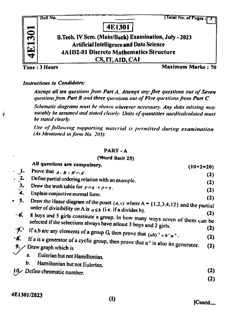Btech Aid Cs It Cai 4 Sem Discrete Mathematics Structure 4e1301 Jul 2023 | PDF