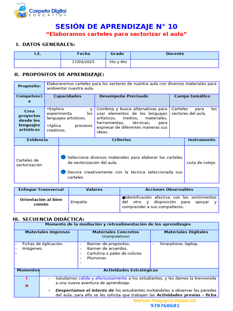 SESIÓN 10- ELABORAMOS CARTELES PARA SECTORIZAR EL AULA- V CICLO | PDF ...