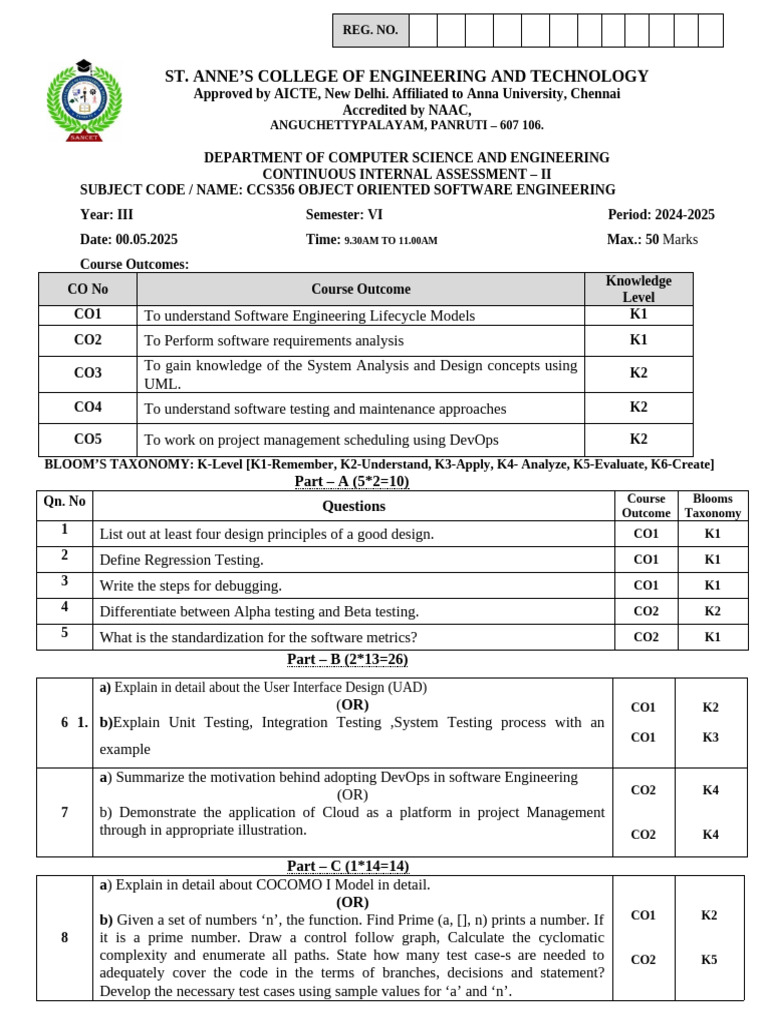 Ccs356 Oose CIA 2 Question Paper Updated Final | PDF | Software Testing ...