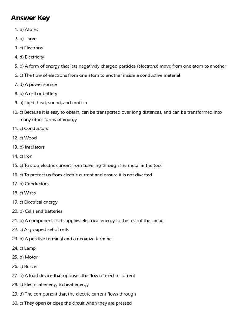 Electricity and Circuits Test Answers | PDF | Electric Current | Switch