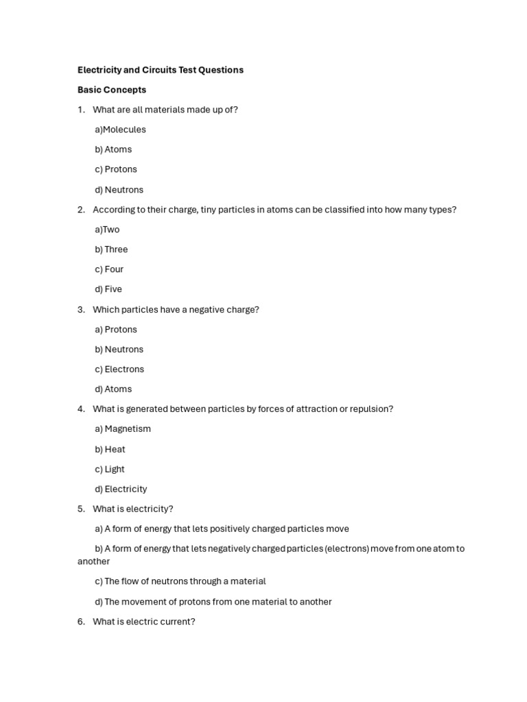 Electricity and Circuits Test Questions | PDF | Electric Current ...