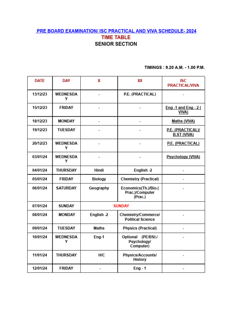 Preboard Time Tablex and Xii 2023-24 | PDF | Schools | Student Assessment And Evaluation