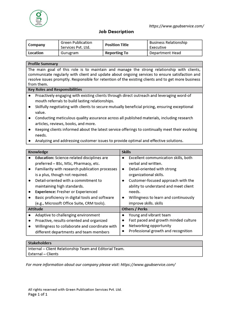 Job Description of GPub - Client Relationship Executive | PDF ...