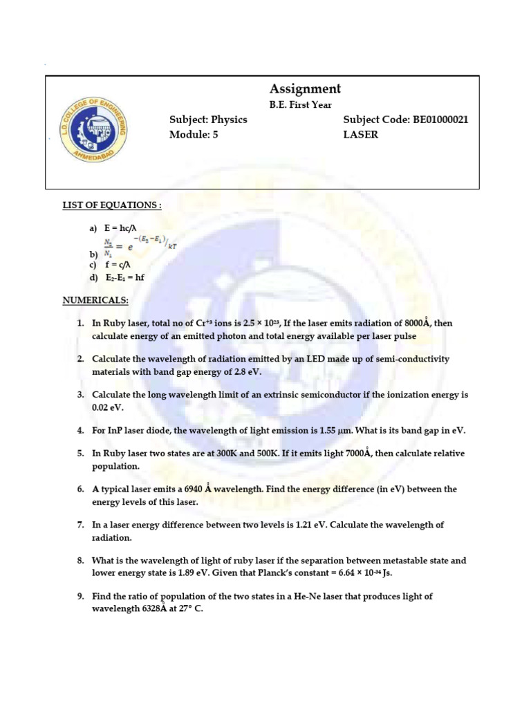 Laser Physics Assignments and Equations | PDF | Laser | Energy Level