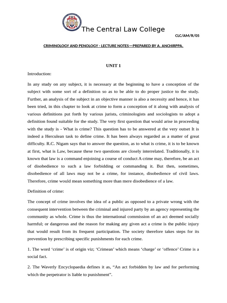 Criminology and Penology Lecture Notes | PDF | Criminology | Crimes