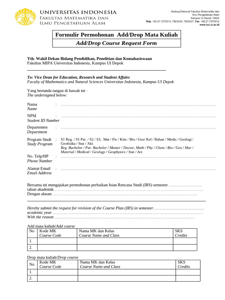 Formulir Permohonan Add Dan Drop Mata Kuliah Adding and Dropping Course Request Form 1 | PDF