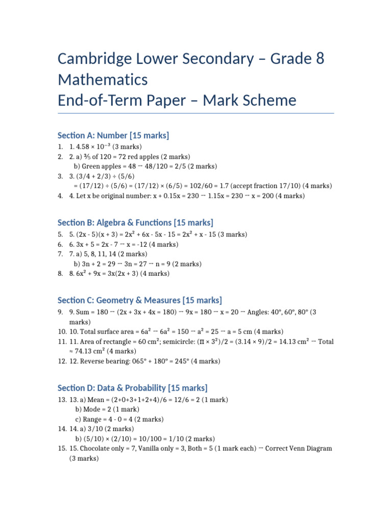 Grade 8 Maths Term 4 Mark Scheme | PDF